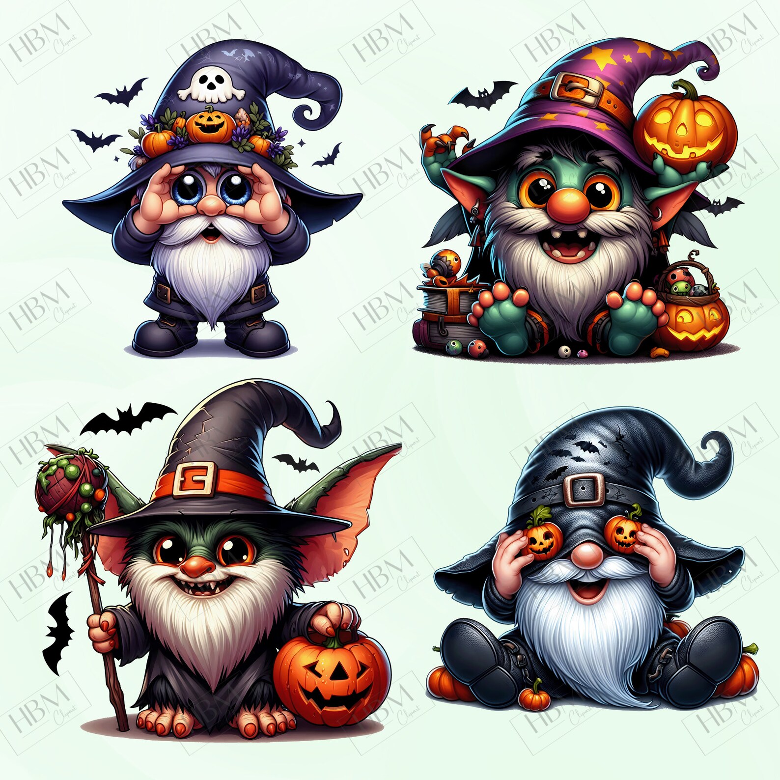 Spooky Cartoon Halloween Gnomes Clipart Bundle, Pumpkin Stickers ...