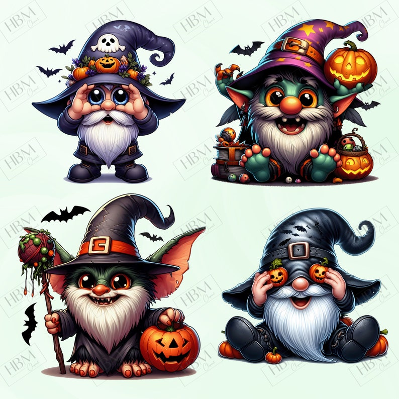 Spooky Cartoon Halloween Gnomes Clipart Bundle, Pumpkin Stickers ...