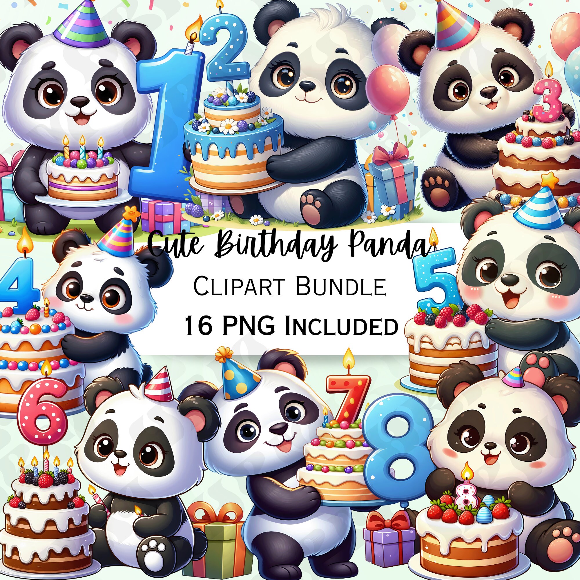 16 Cute Birthday Pandas Clipart Bundle, Cartoon Sticker, Adorable Party ...