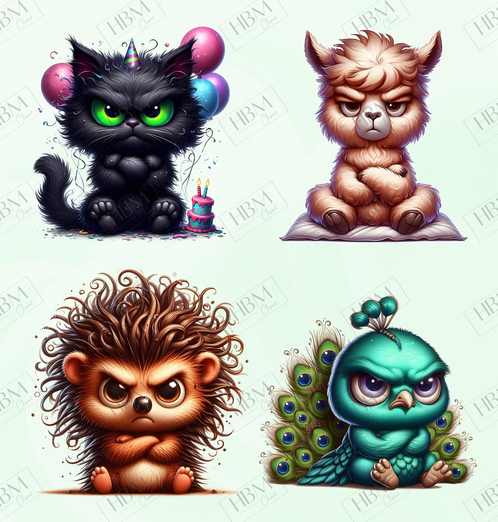 Grumpy Animal Clipart Bundle, Funny Angry Creatures PNG, Moody ...