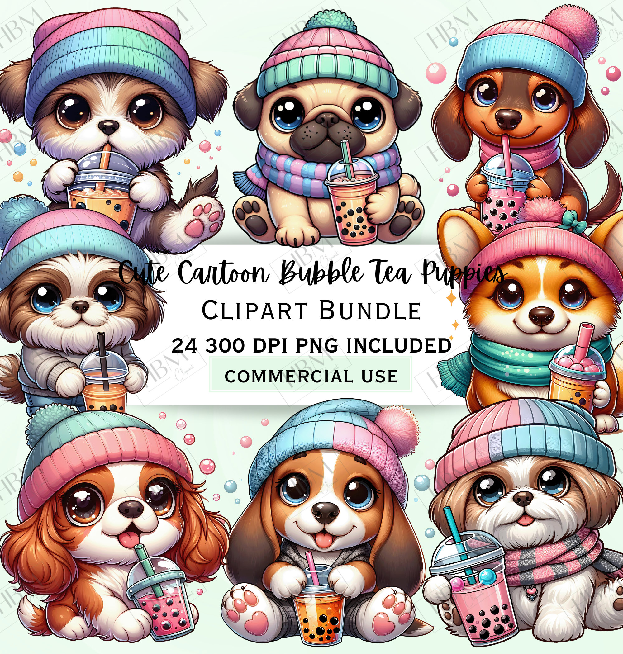 Cute Bubble Tea Puppies Clipart Bundle, Cartoon Boba Tea Nursery Decor ...