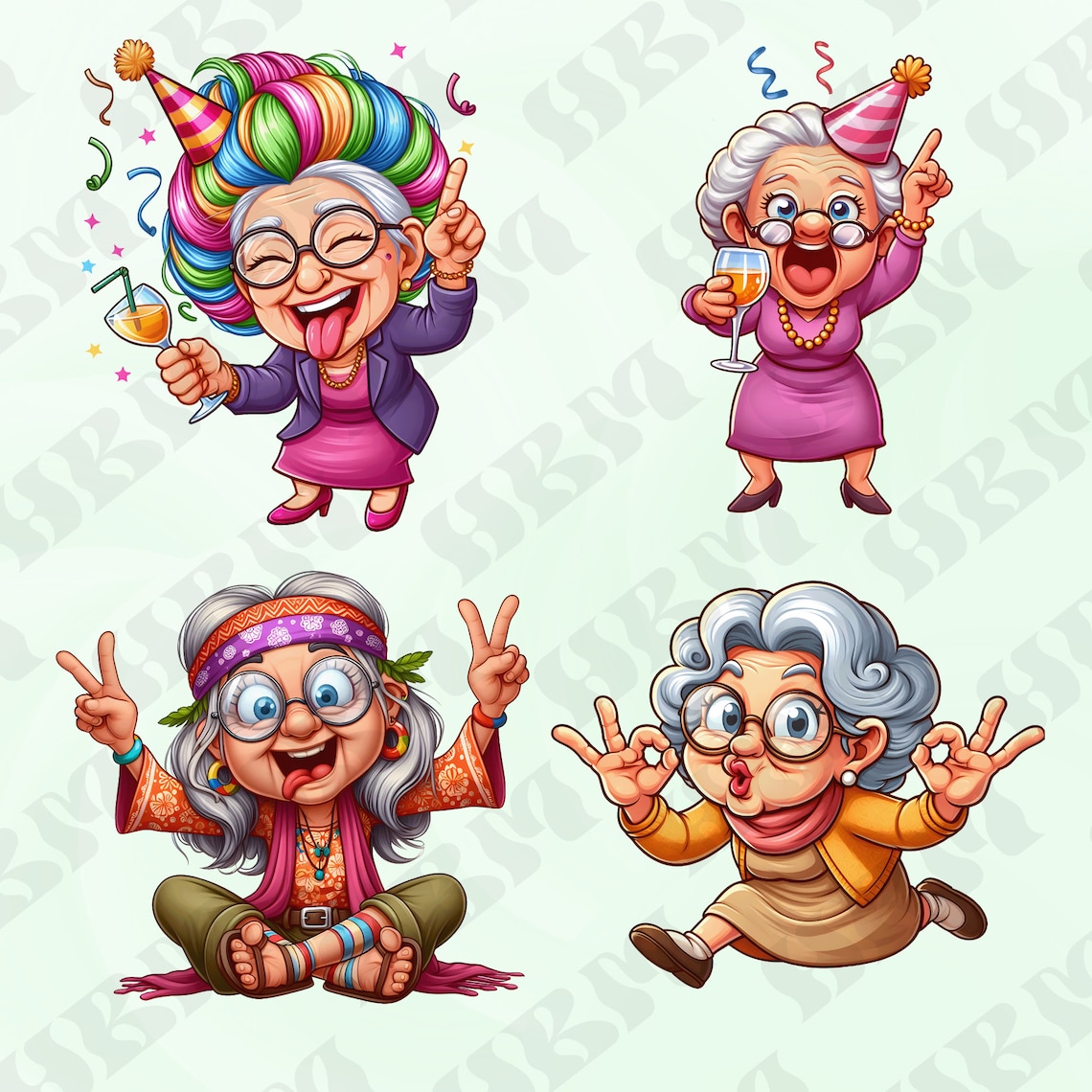 Funny Cartoon Old Ladies Clipart Bundle, Grannie Sticker, Drunk ...