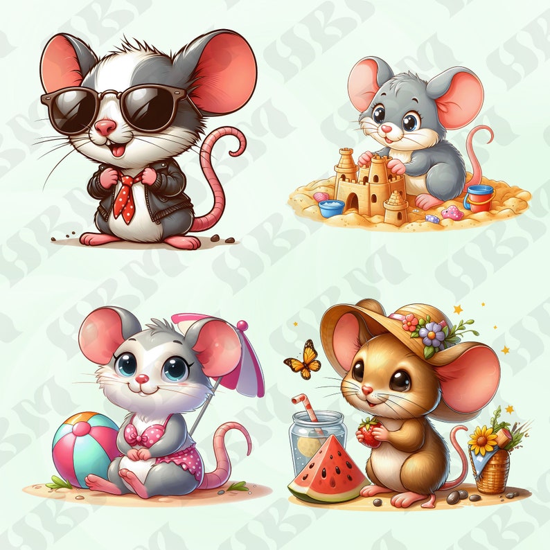 Cute Cartoon Summer Mouse Clipart Bundle, Surf Nursery Decor, Beach ...