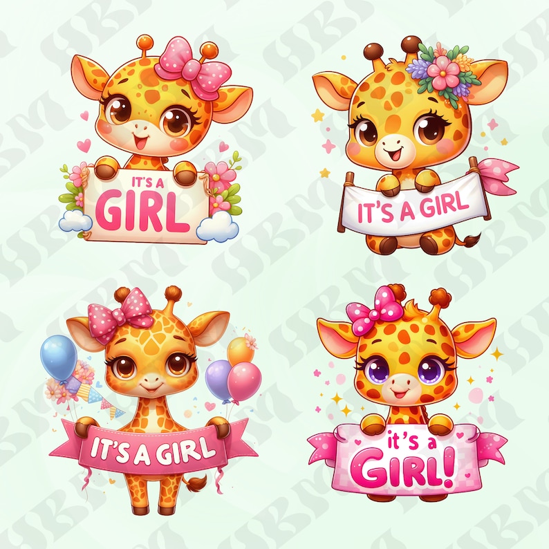 Cute It's a Girl Giraffe Clipart Bundle, Birth Announcement, Pink ...