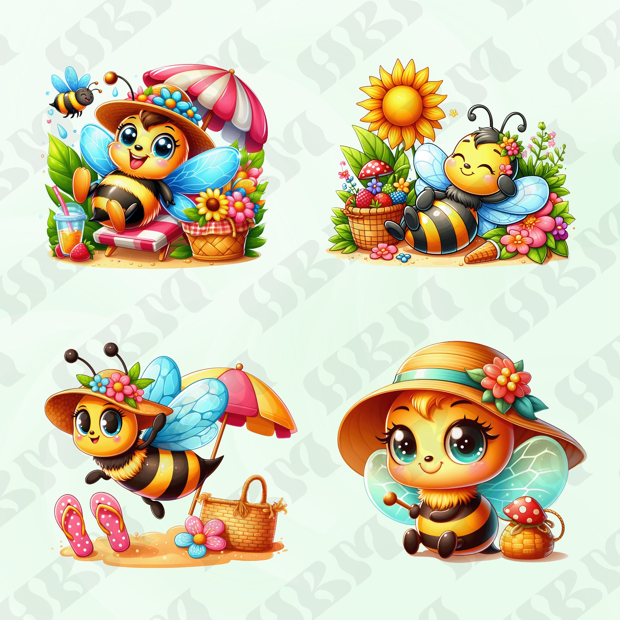 Cute Cartoon Bees Summer Clipart Bundle, Surf Nursery Decor, Beach Baby ...