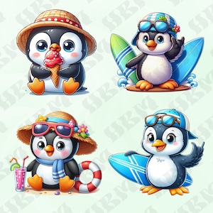 Cute Cartoon Summer Penguin Clipart Bundle, Surf Nursery Decor, Beach ...