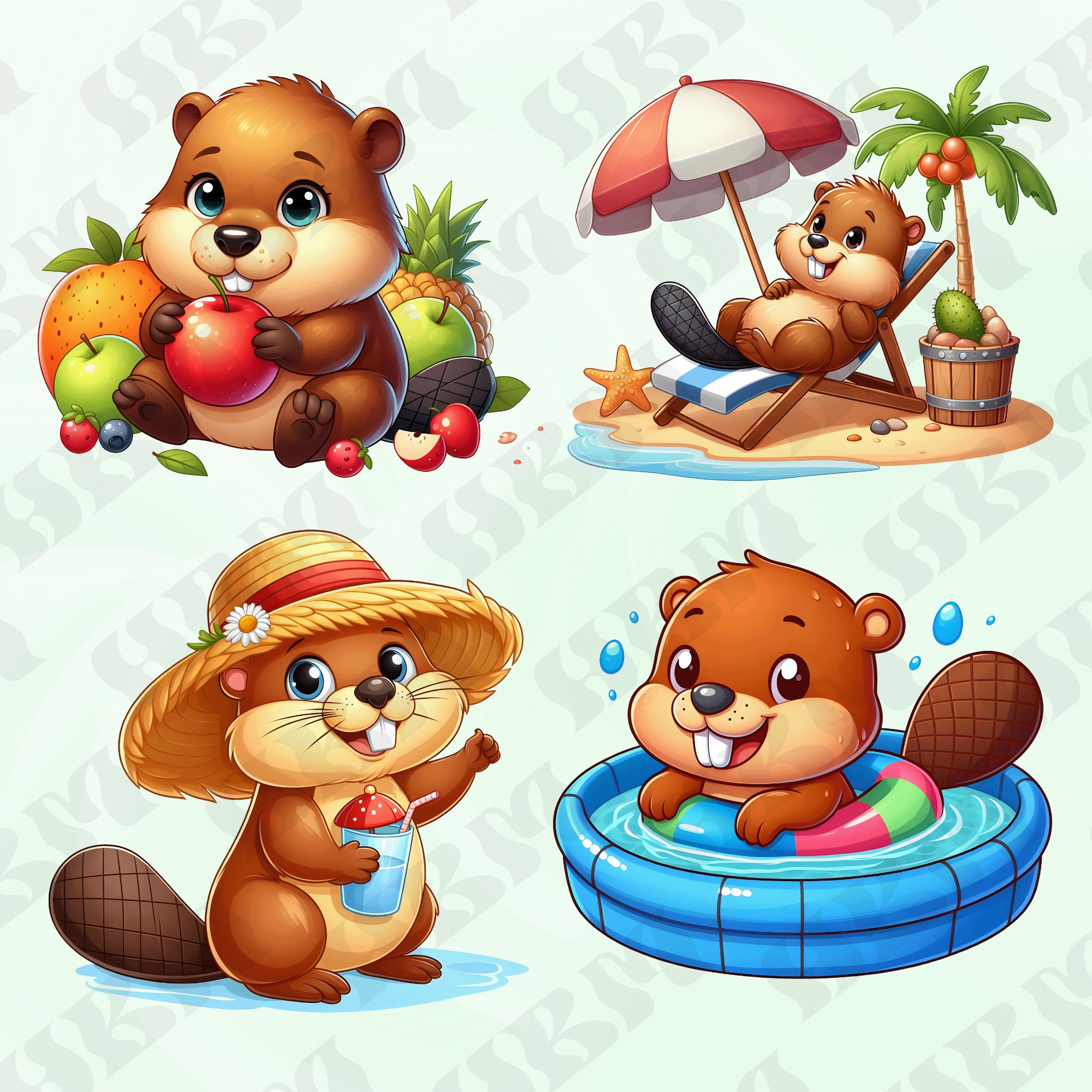 Cute Cartoon Summer Beaver Clipart Bundle, Surf Nursery Decor, Beach ...