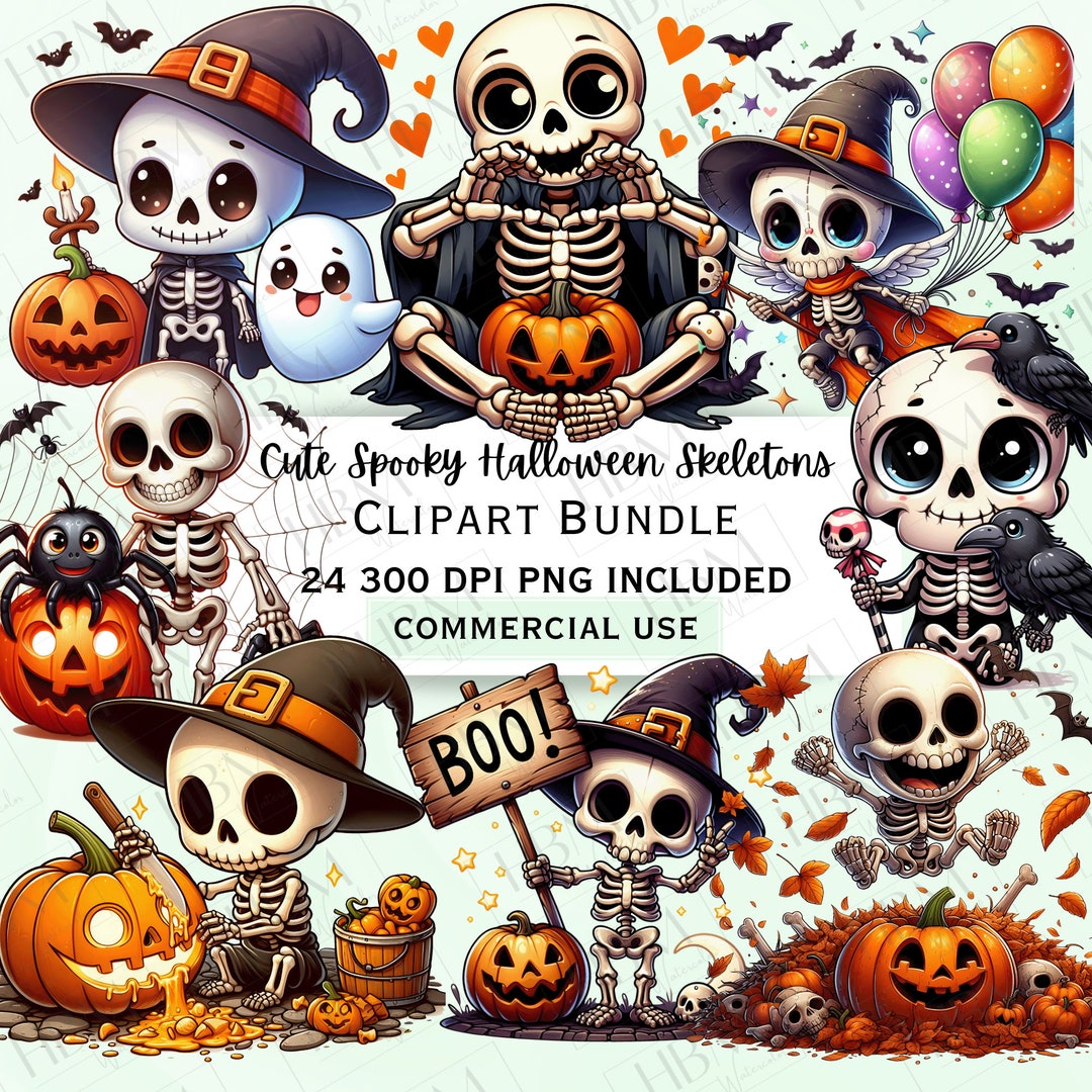 Cute Cartoon Halloween Skeleton Clipart Bundle, Spooky Bones Stickers ...
