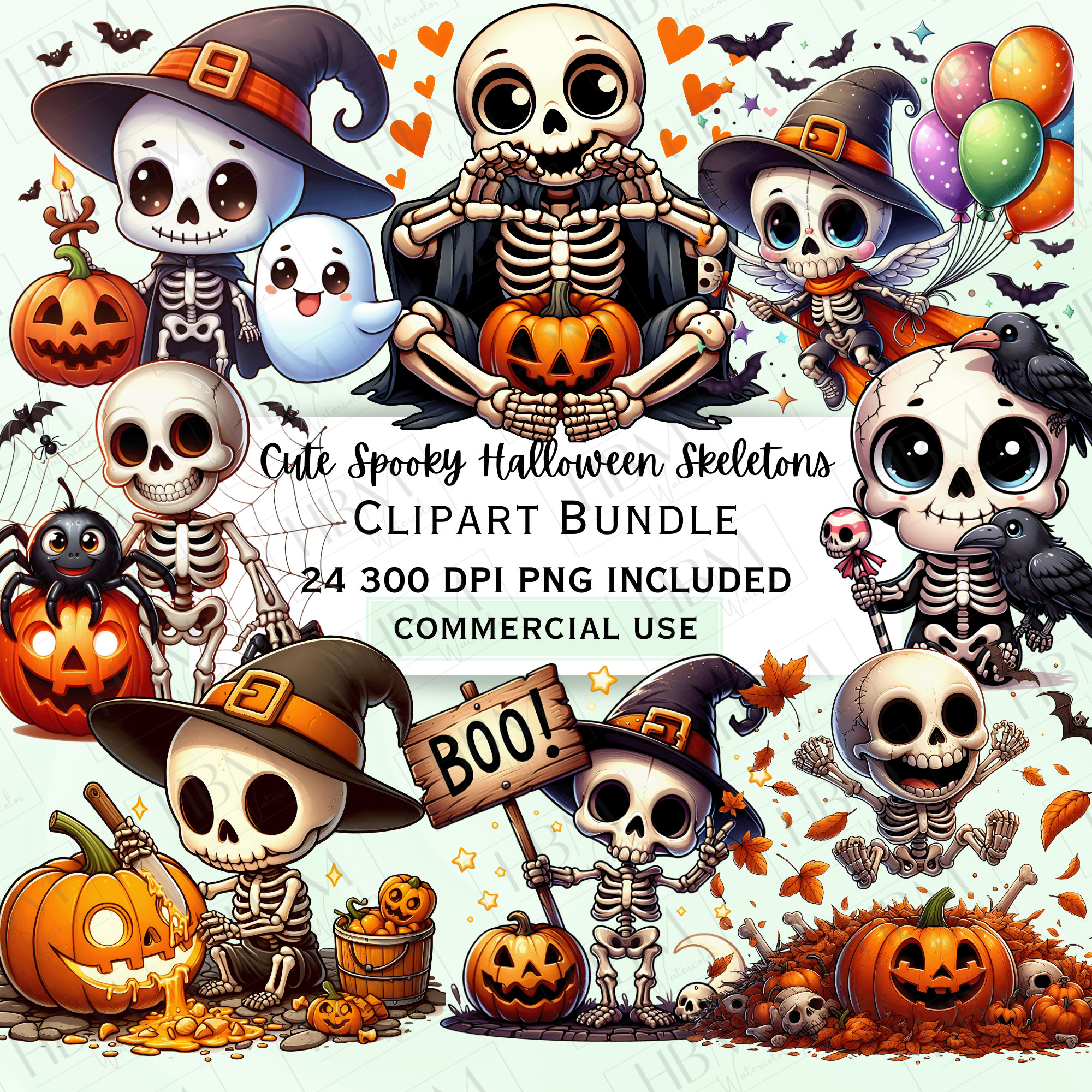 Cute Cartoon Halloween Skeleton Clipart Bundle, Spooky Bones Stickers ...