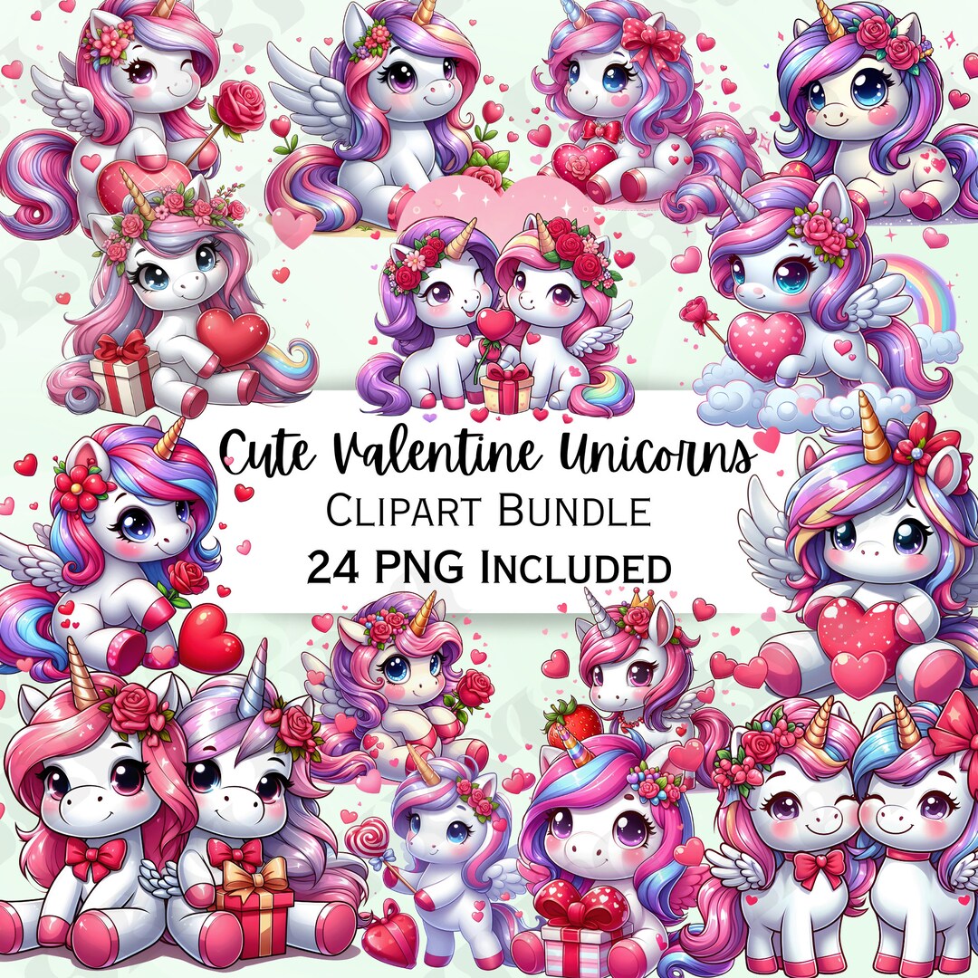 Cute Valentine's Day Unicorn Clipart Bundle, Mythical Stickers ...