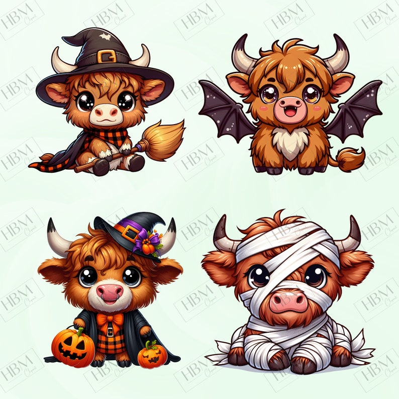 Cute Cartoon Halloween Highland Cows Clipart Bundle, Spooky Bull ...