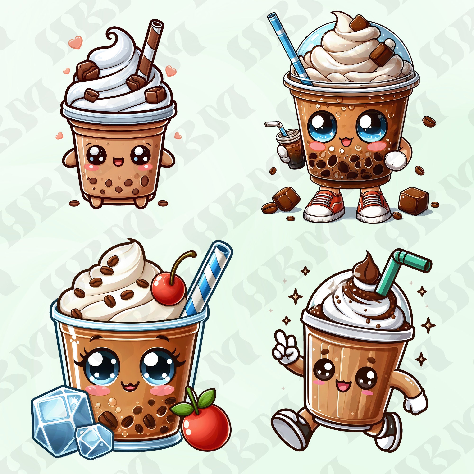 21 Cute Iced Coffee Characters Clipart Bundle, Caffeine Card Making ...
