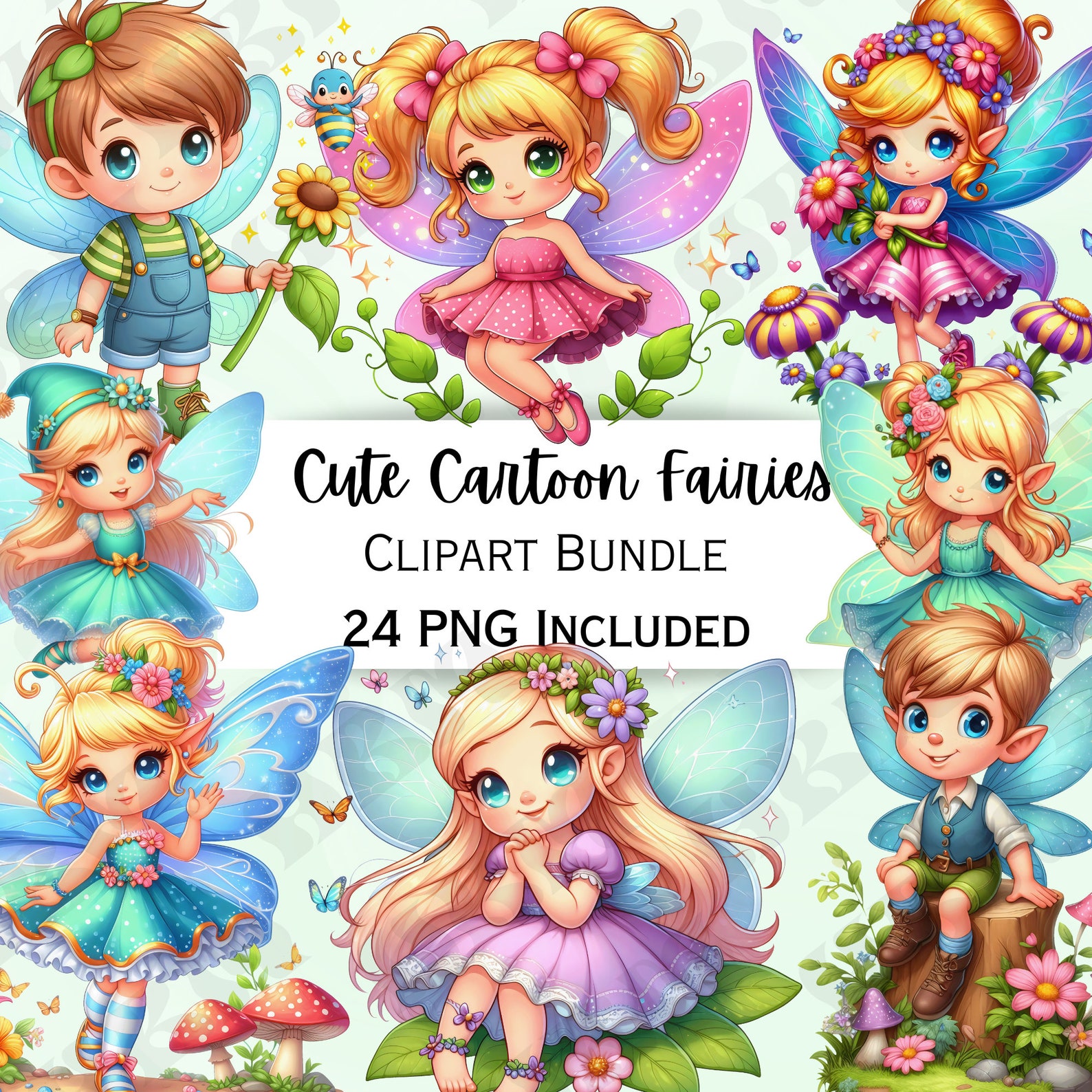 24 Cute Cartoon Fairies Clipart Bundle, Fantasy Nursery Decor, Mythical ...