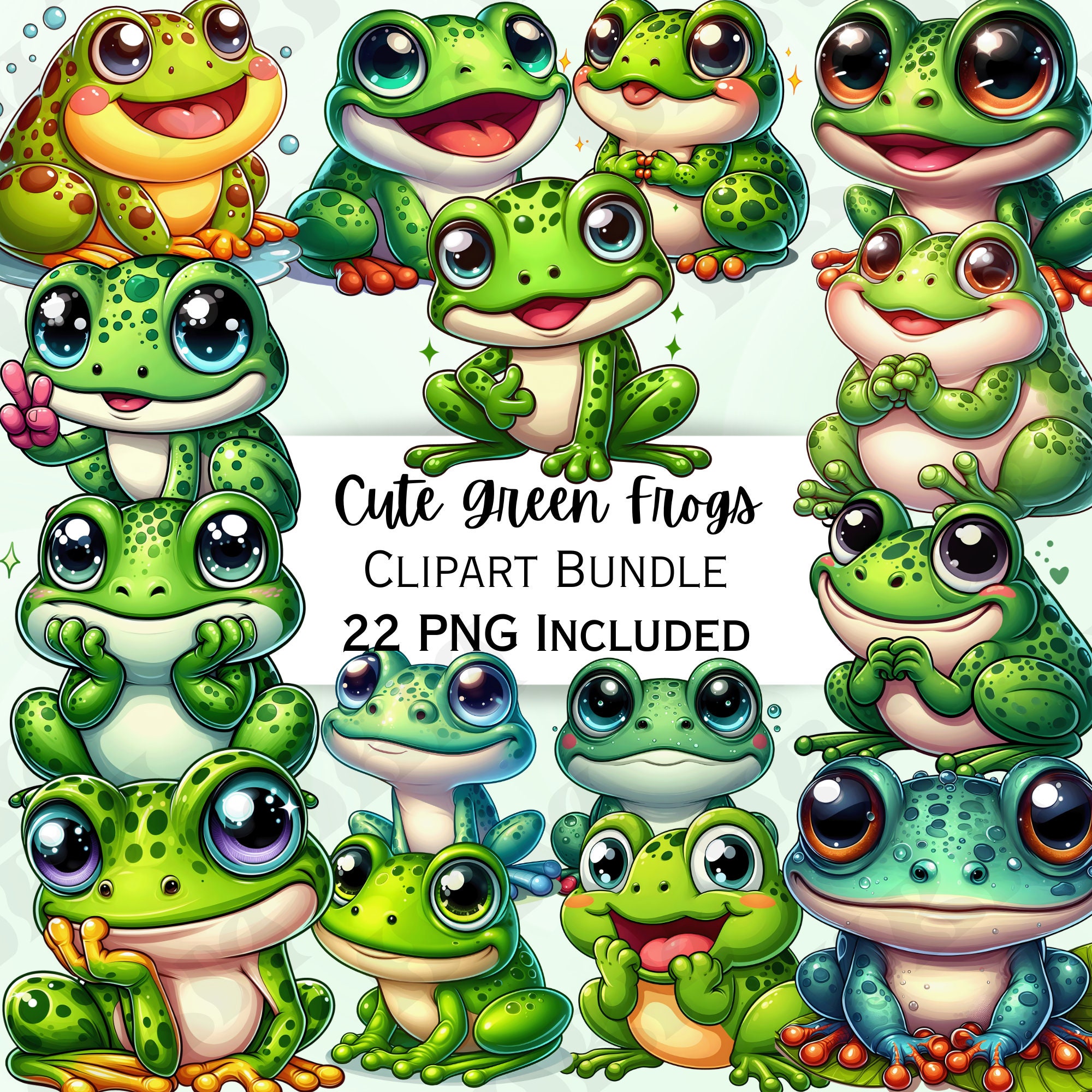 22 Cute Green Frog Clipart Bundle, Tadpole Stickers, Adorable Baby Wall ...