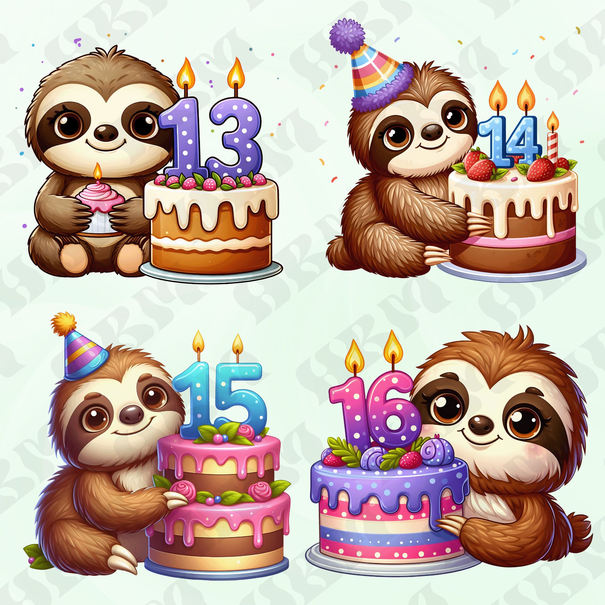 16 Cute Birthday Sloth Clipart Bundle, Cartoon Sticker, Adorable Party ...