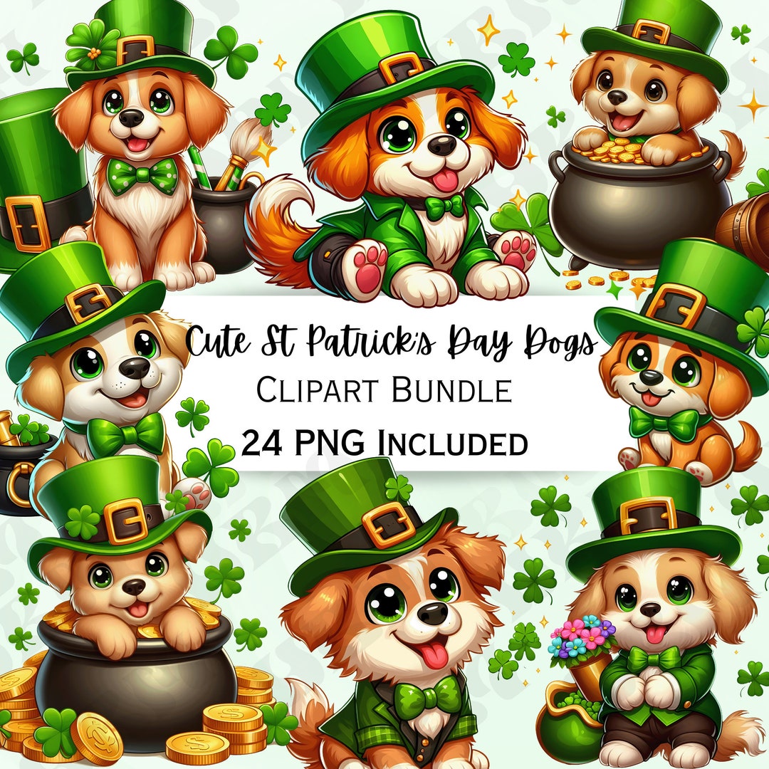 24 Cute St Patrick's Day Cartoon Dog Clipart Bundle, Adorable Four Leaf ...