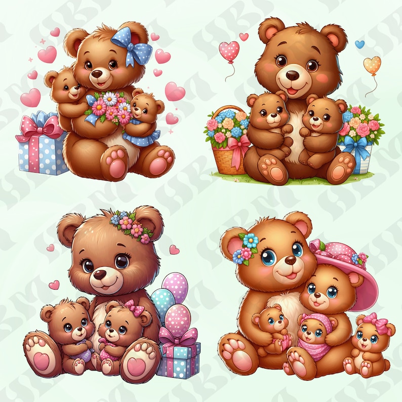 24 Cute Mother's Day Bears Clipart Bundle, Cartoon Balloon Sticker ...