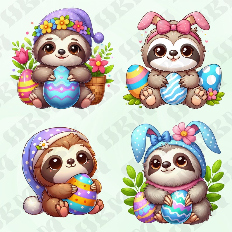 25 Cute Easter Sloth Clipart Bundle, Lazy Stickers, Adorable Baby Wall ...