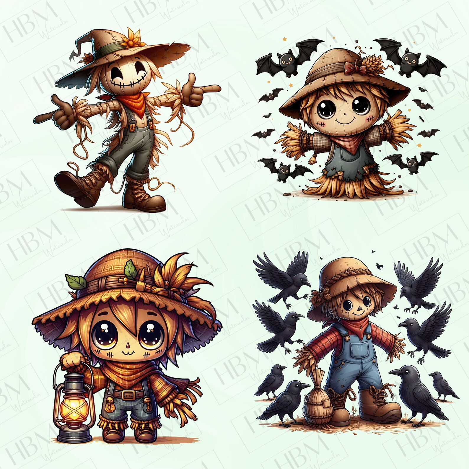 Cute Cartoon Halloween Scarecrows Clipart Bundle, Spooky Festive ...