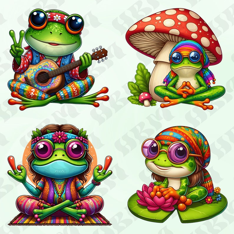 24 Cute Hippie Frogs Clipart Bundle, Tadpole Stickers, Adorable Wall ...