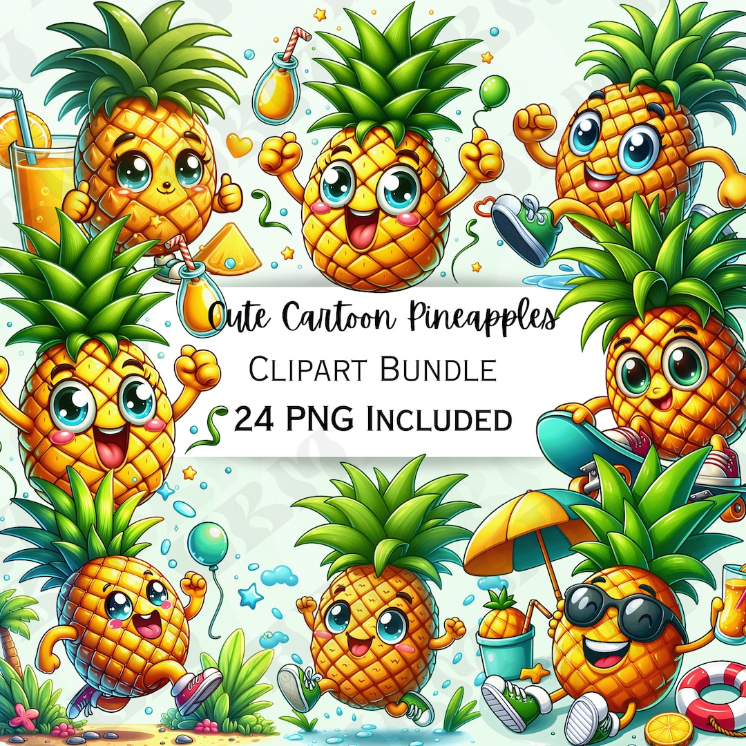 Cute Cartoon Pineapples Clipart Bundle, Tropical Fruit Sticker ...