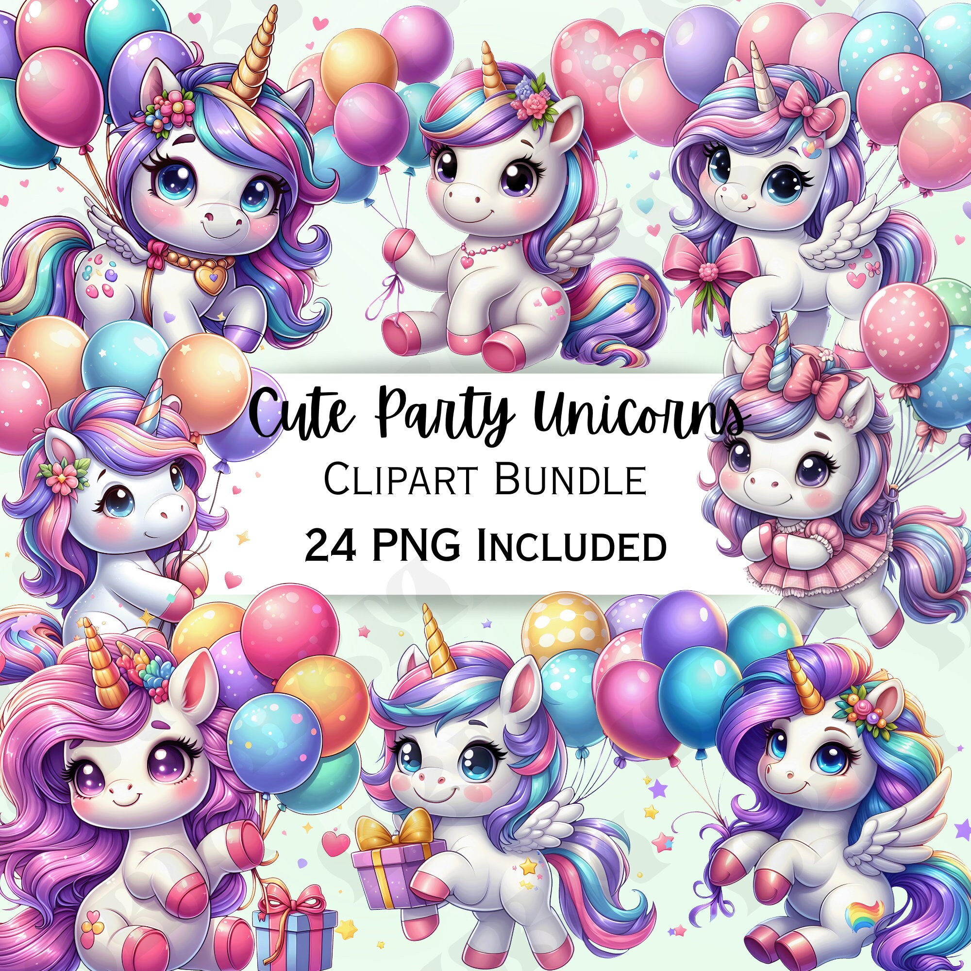24 Cute Party Unicorns Clipart Bundle, Cartoon Balloon Sticker ...