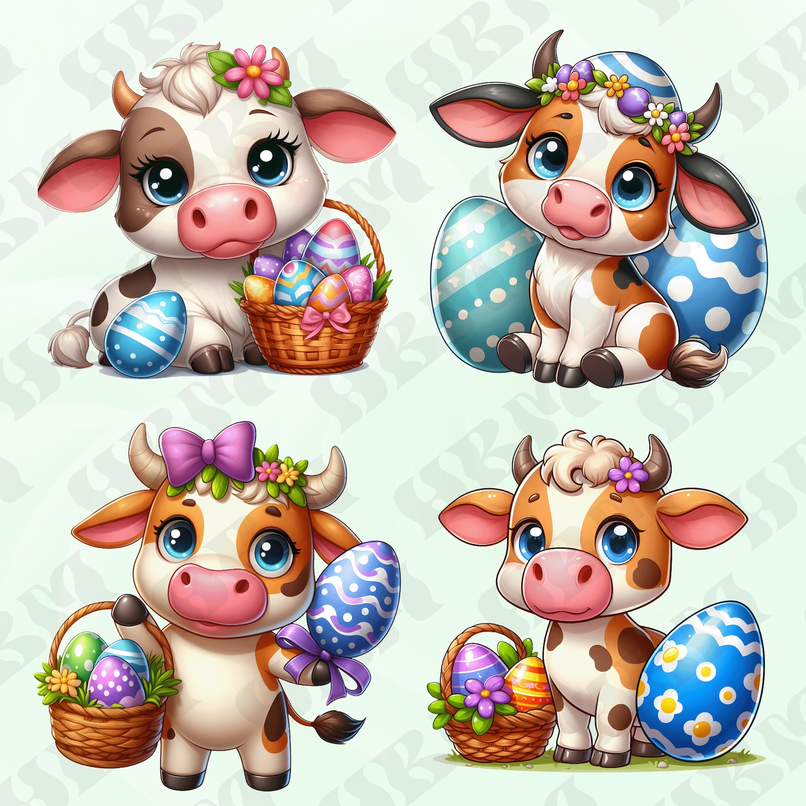 24 Cute Easter Cows Clipart Bundle, Cattle Stickers, Adorable Baby Wall ...