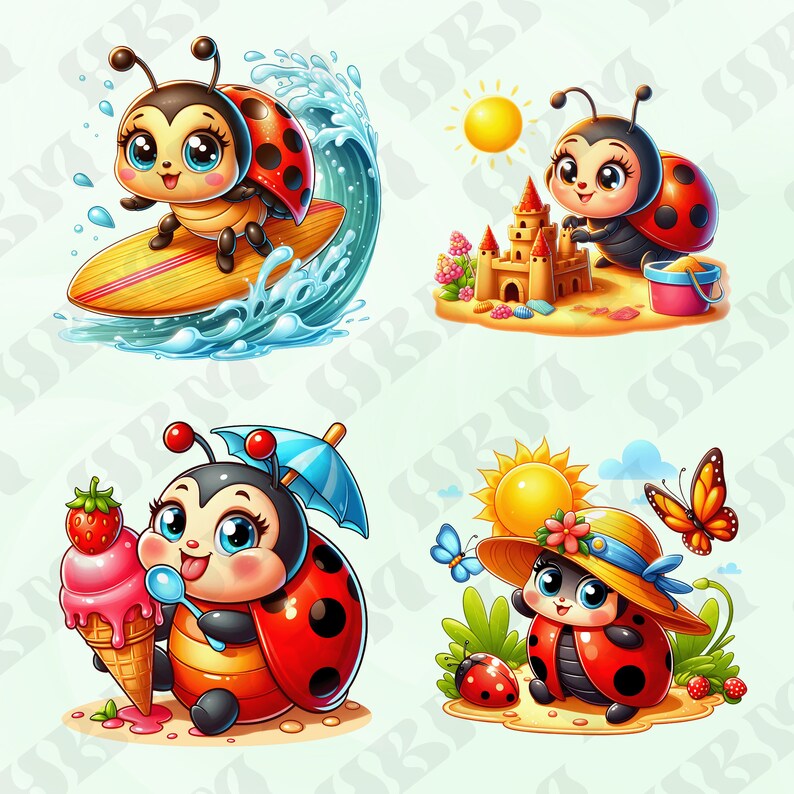 Cute Cartoon Lady Bugs Summer Clipart Bundle, Surf Nursery Decor, Beach ...