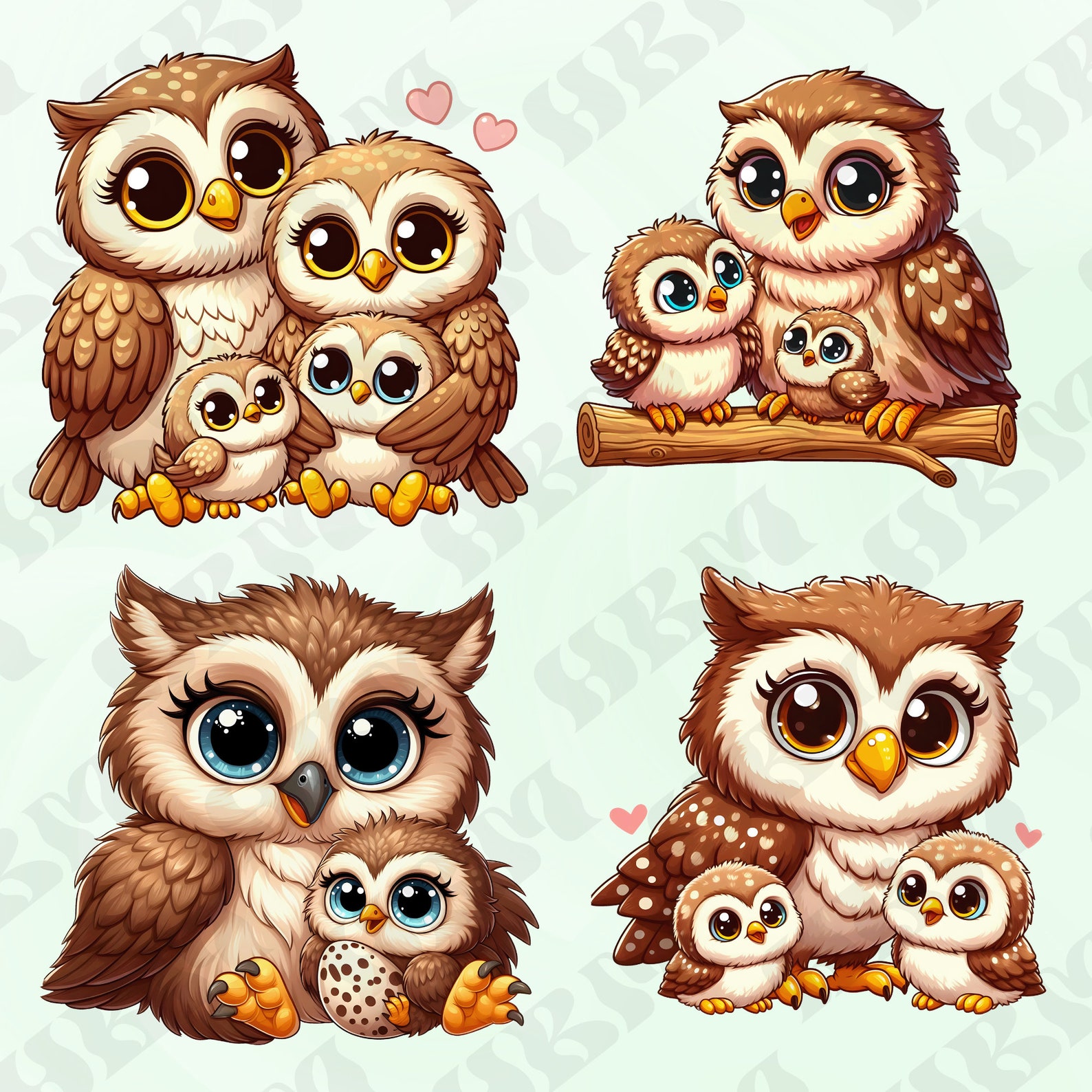 24 Cute Mom & Bub Owls Clipart Bundle, Cartoon Balloon Sticker ...
