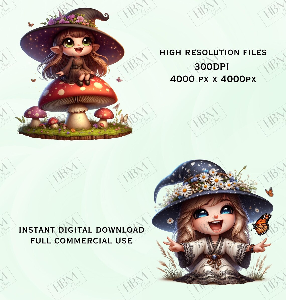 Cute Cartoon Boho Witches Clipart Bundle, Magical Witchy Art, Floral ...