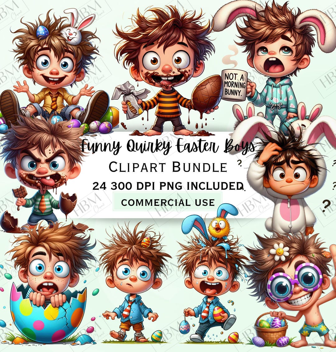 Funny Quirky Easter Boys Clipart Bundle, Children Cartoon Sticker ...