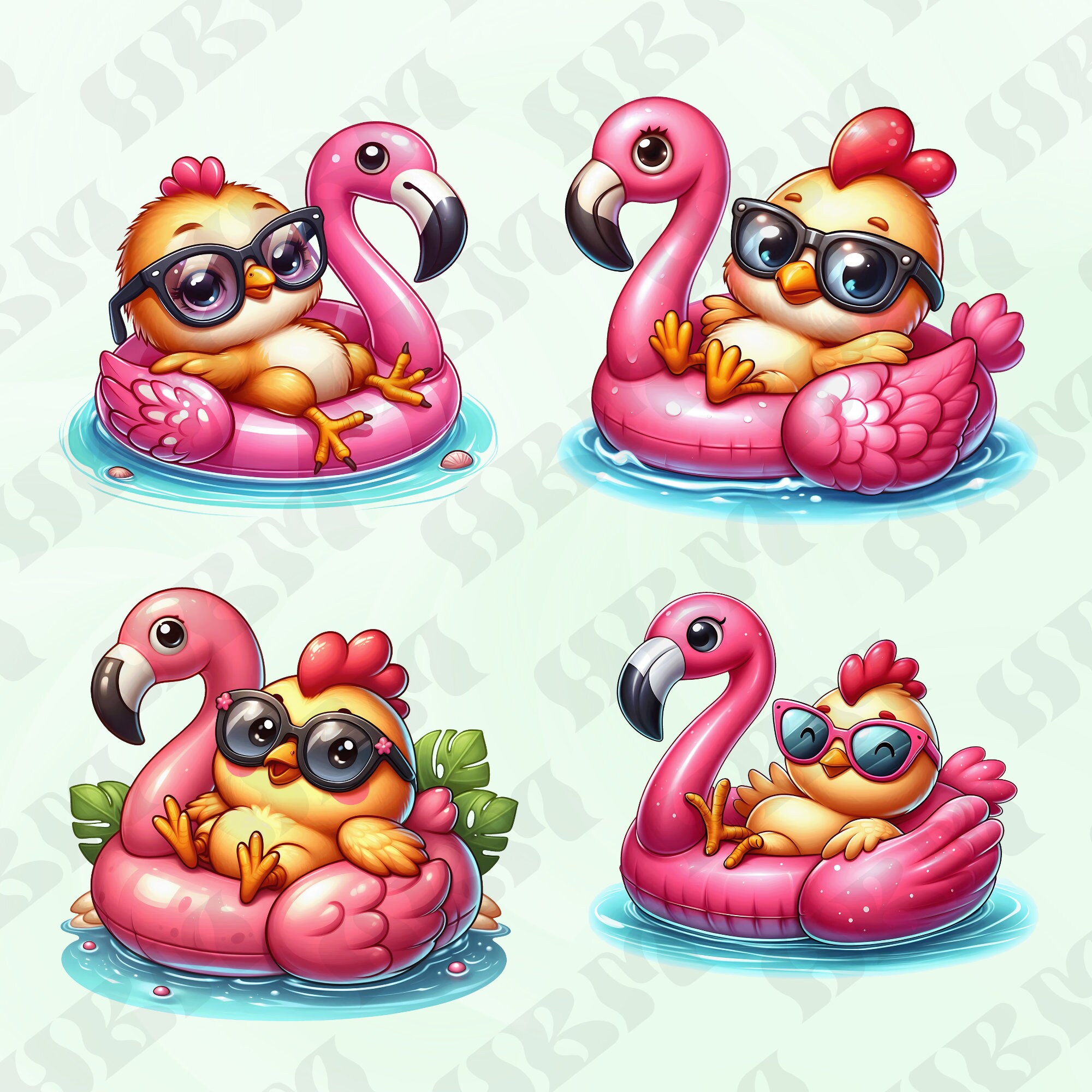 Cute Chicken's on Flamingo Floats Clipart Bundle, Summer Nursery Decor ...
