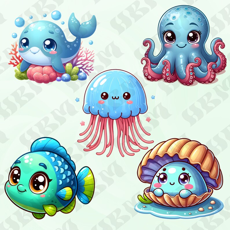 25 Cute Undersea Creatures Clipart Bundle, Jellyfish Nursery Decor ...