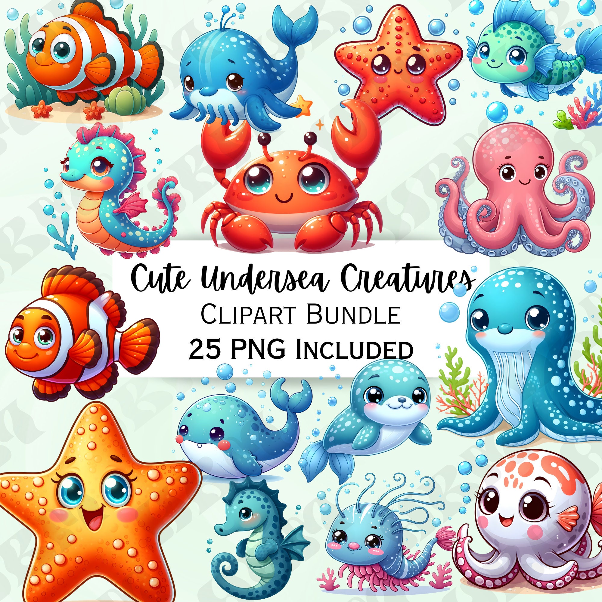 25 Cute Undersea Creatures Clipart Bundle, Jellyfish Nursery Decor ...