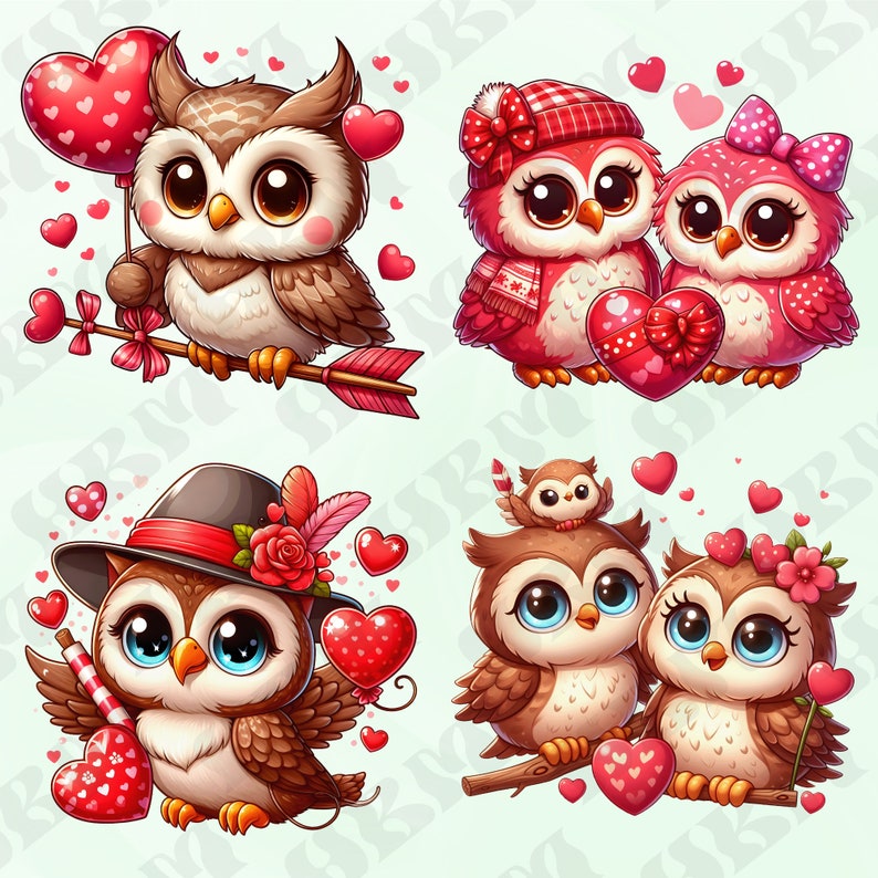 Cute Valentine's Day Owl Clipart Bundle, Whimsical Bird Characters ...