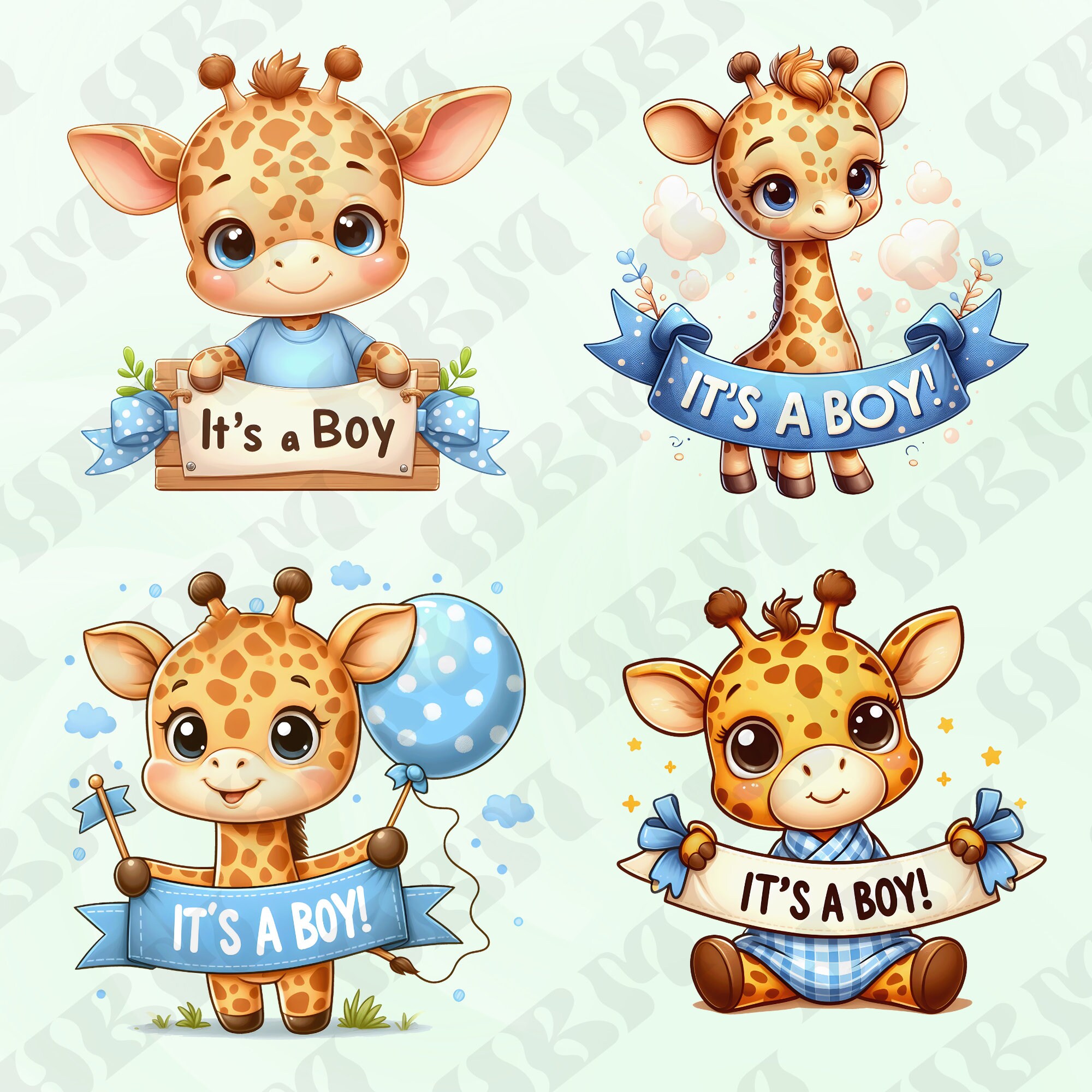 Cute It's a Boy Giraffe Clipart Bundle, Birth Announcement, Blue ...