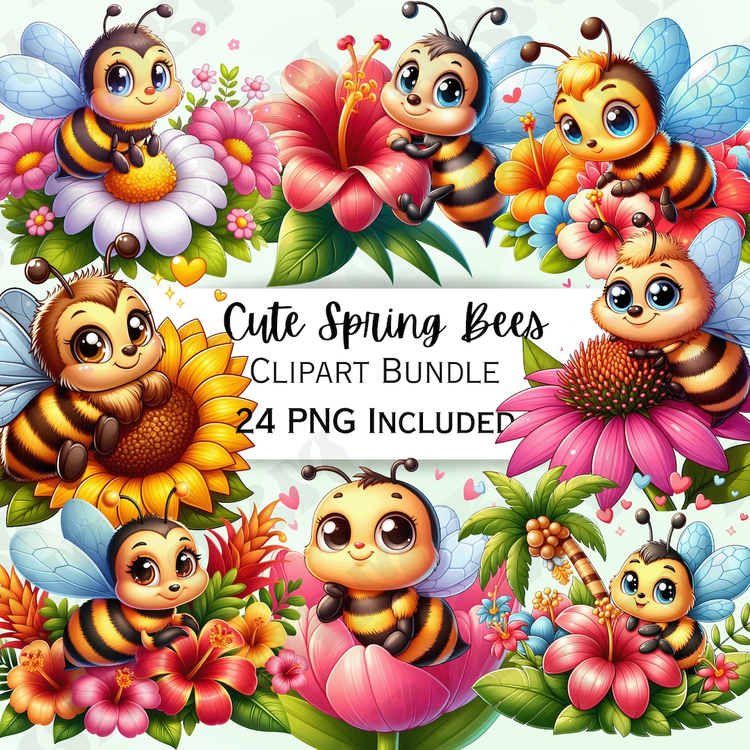 24 Cute Cartoon Spring Bees Clipart Bundle, Daisies Nursery Decor ...