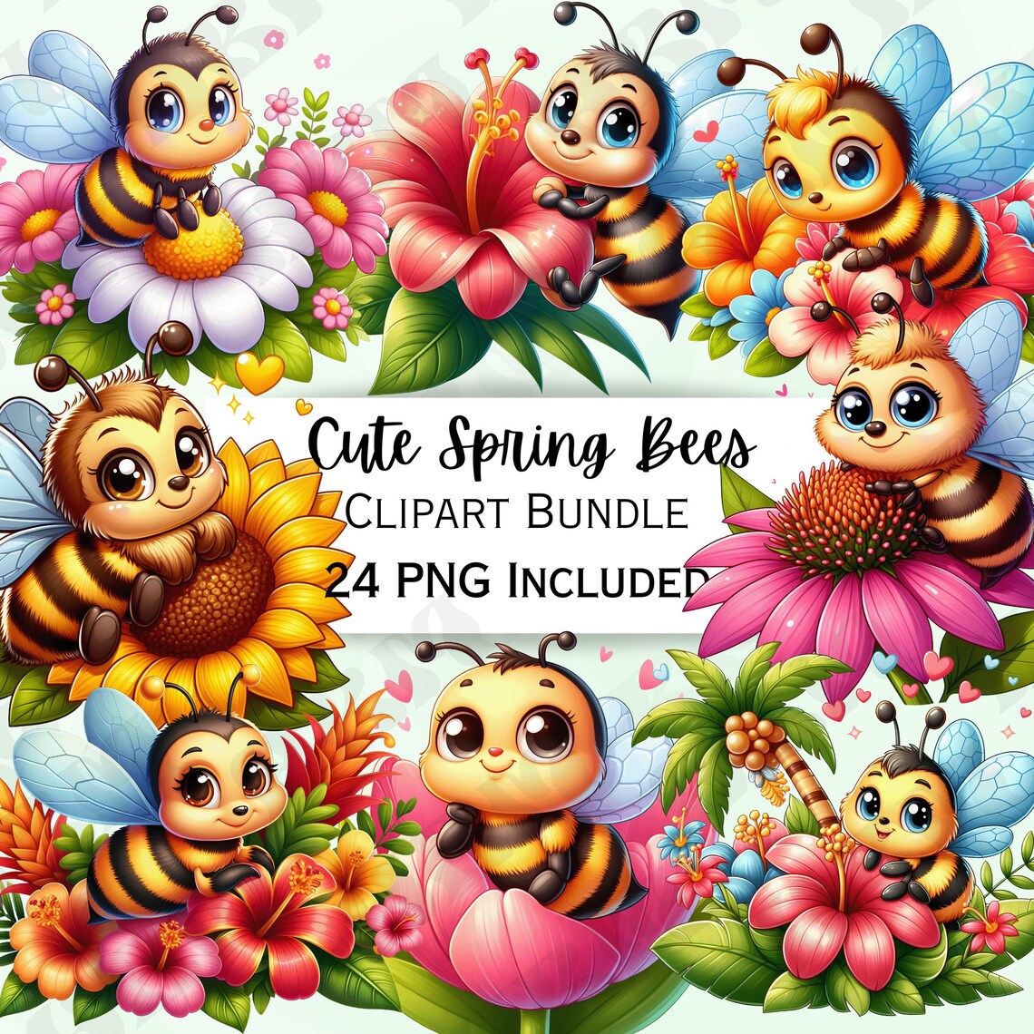 24 Cute Cartoon Spring Bees Clipart Bundle, Daisies Nursery Decor ...