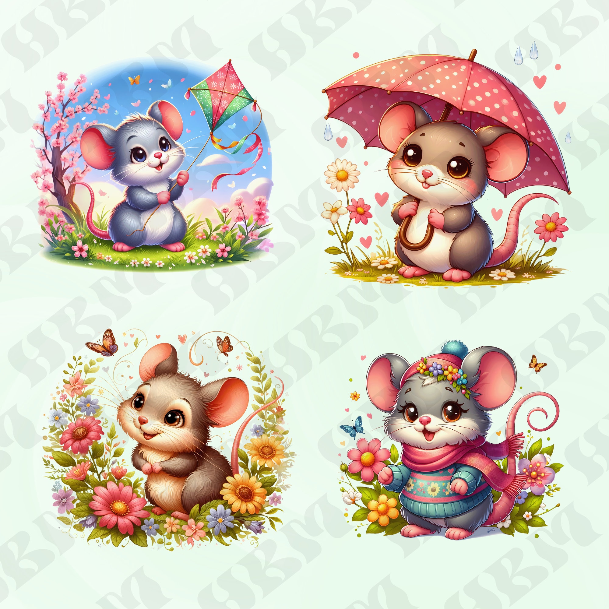 Cute Cartoon Spring Mouse Clipart Bundle, Cheerful Nursery Decor ...