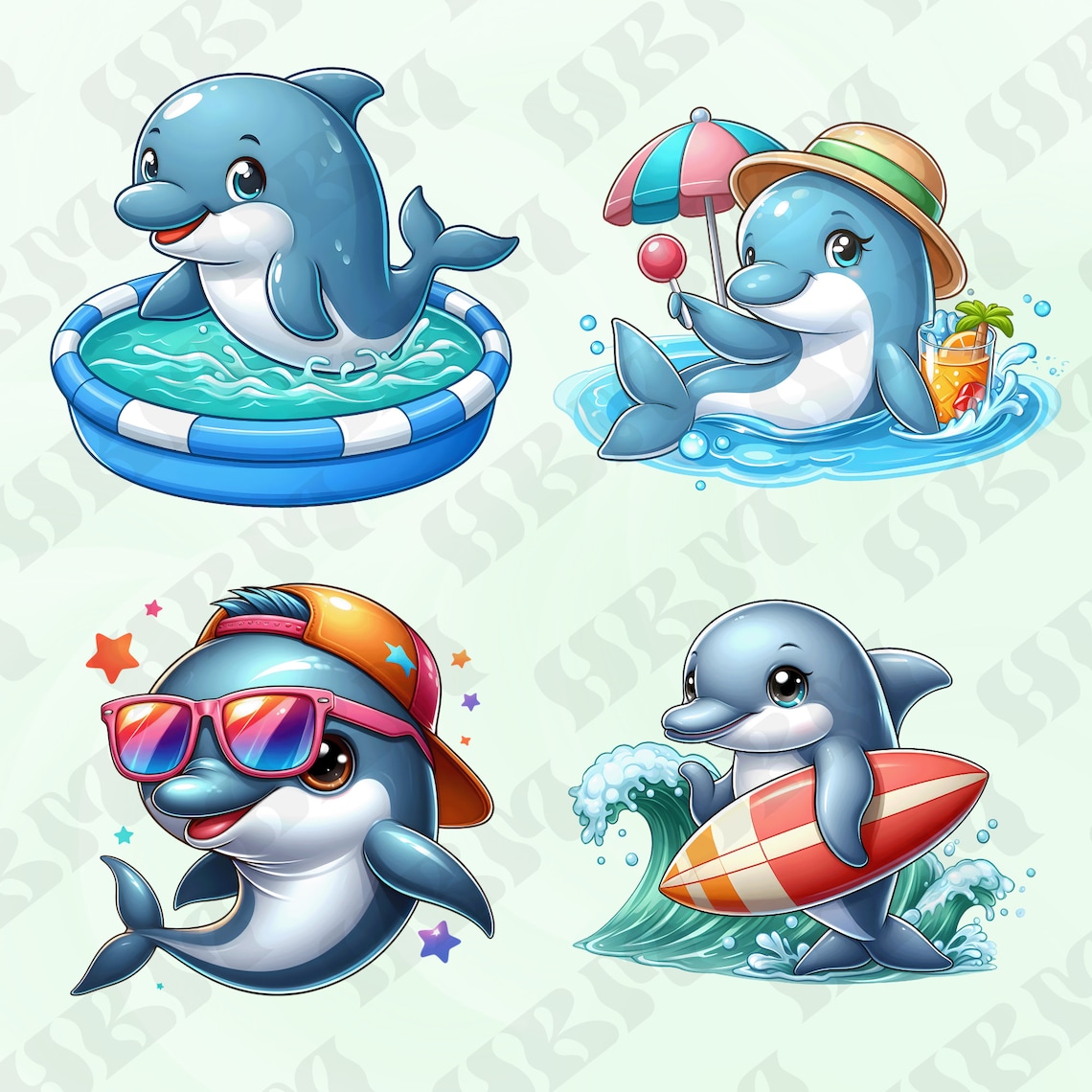 Cute Cartoon Summer Dolphin Clipart Bundle, Surf Nursery Decor, Beach ...