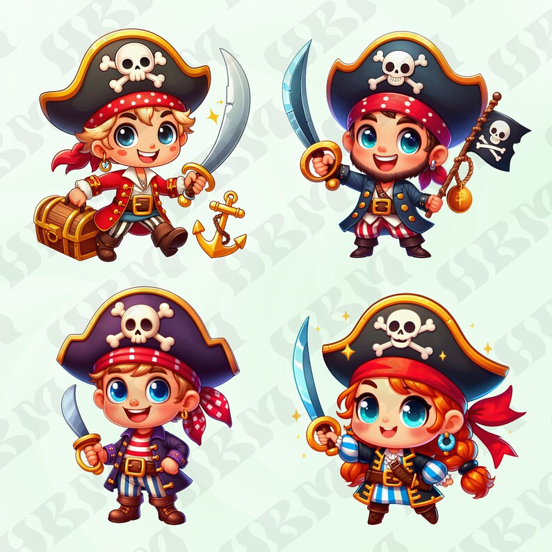 Cute Cartoon Pirate Clipart Bundle, Treasure Chest Sticker, Adorable ...