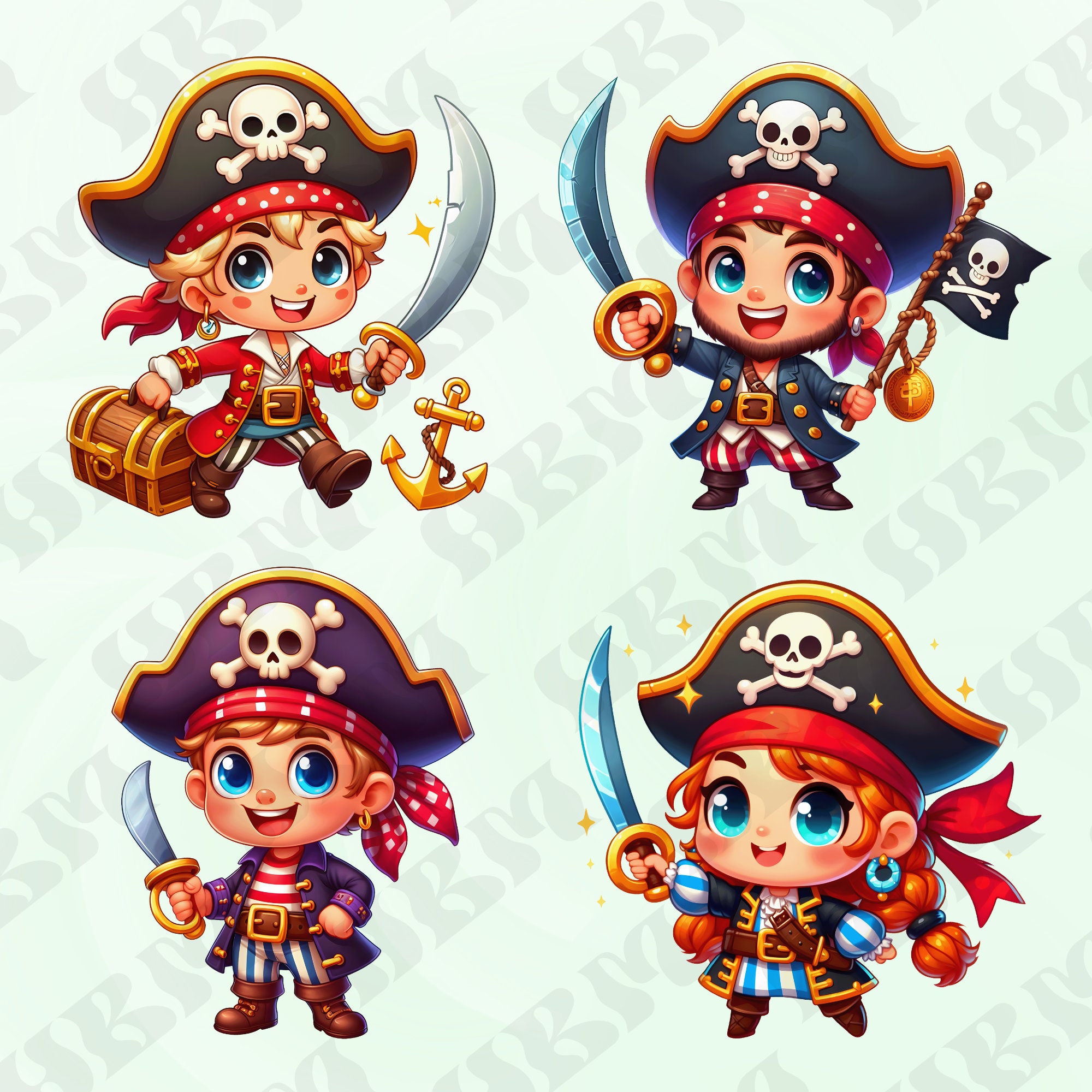 Cute Cartoon Pirate Clipart Bundle, Treasure Chest Sticker, Adorable ...