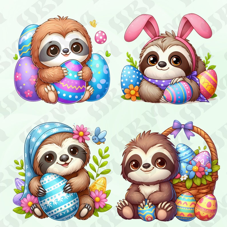 25 Cute Easter Sloth Clipart Bundle, Lazy Stickers, Adorable Baby Wall ...