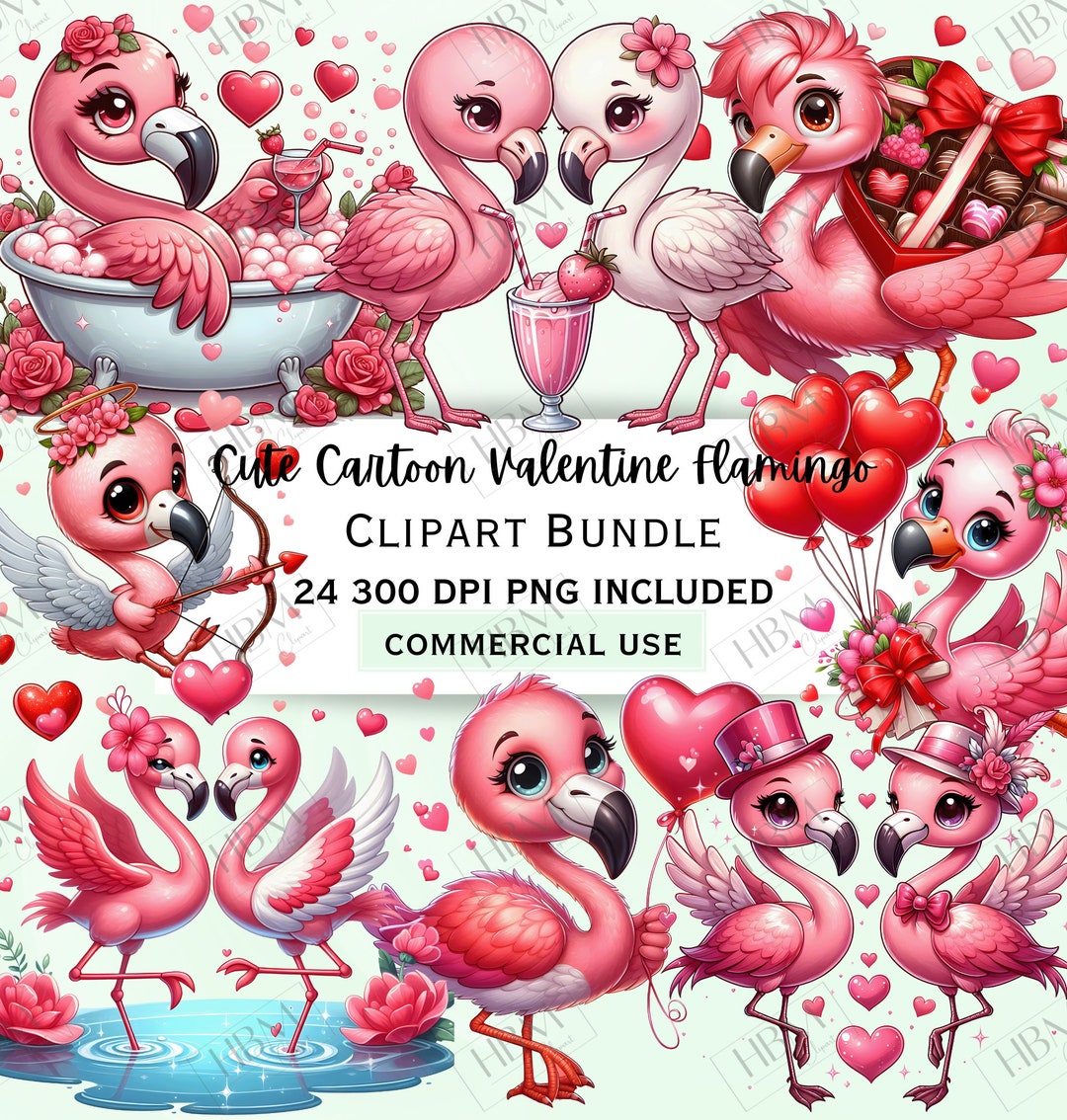 Cute Cartoon Valentine's Flamingo Clipart Bundle, Funny Bird Sticker ...