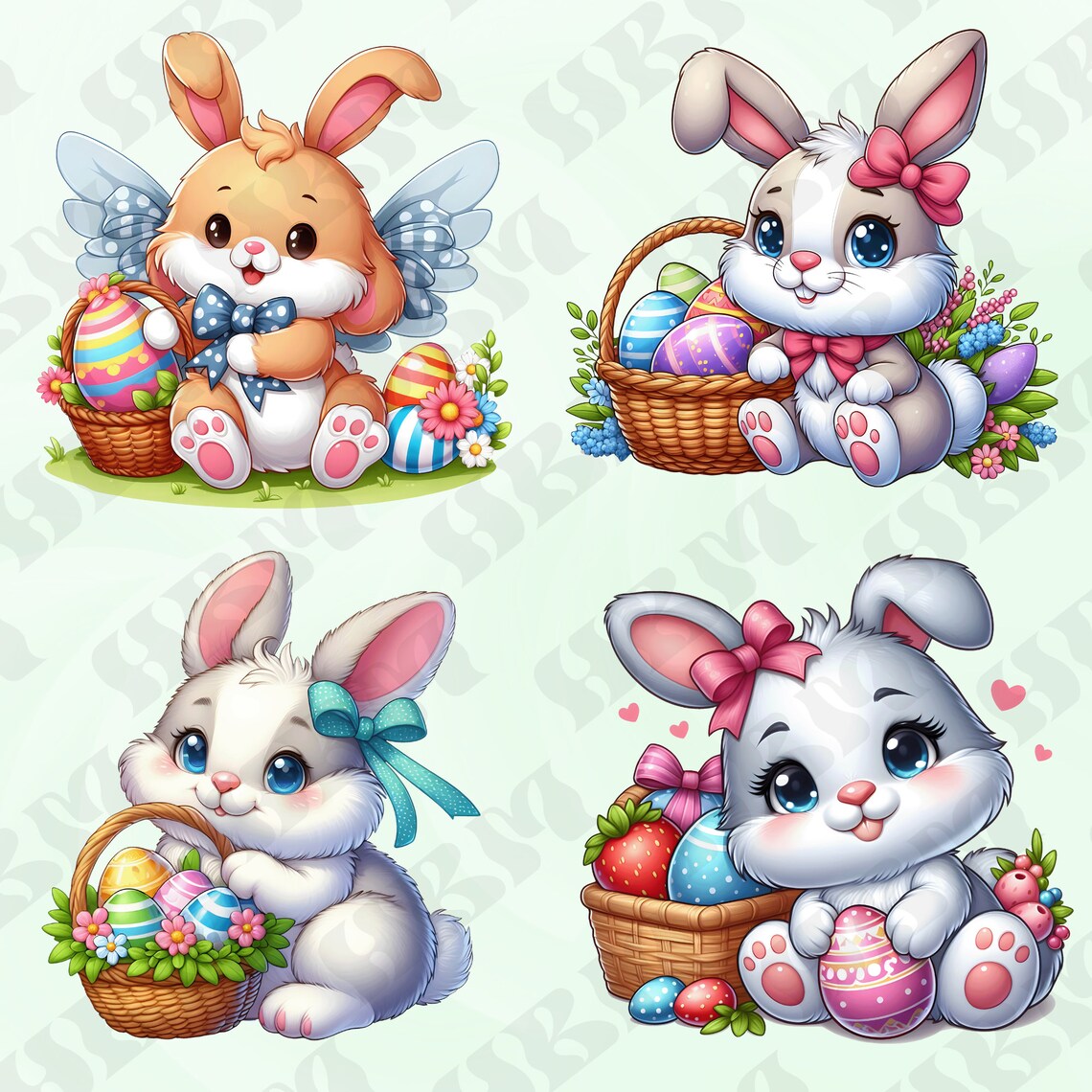 24 Cute Easter Bunny Clipart Bundle, Rabbit Stickers, Adorable Baby ...