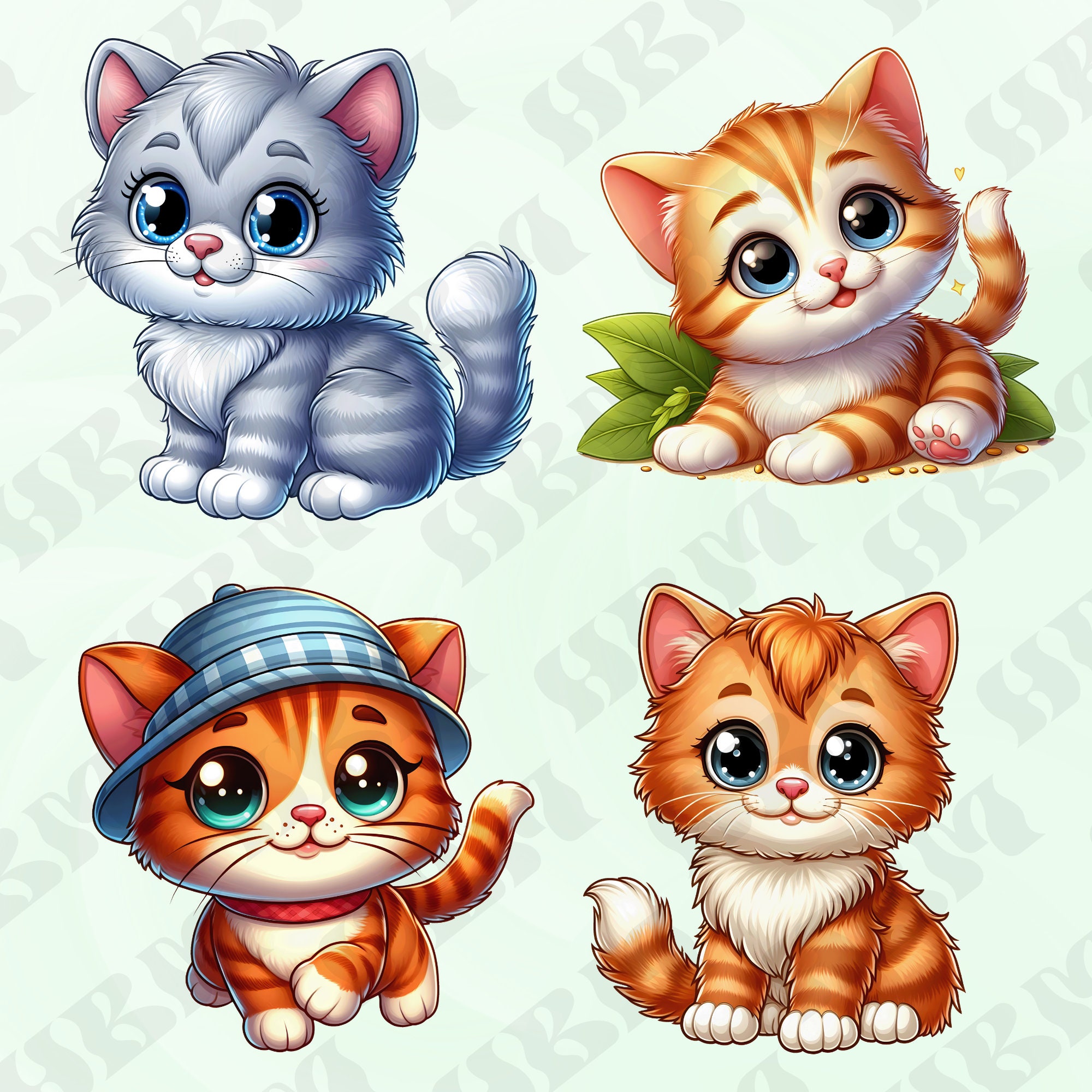 24 Cute Cartoon Cats Clipart Bundle, Kitten Stickers, Adorable Wall Art ...