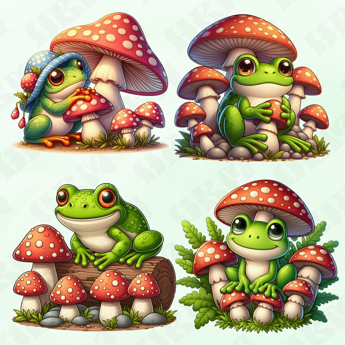 24 Cute Frog With Mushrooms Clipart Bundle, Tadpole Stickers, Adorable ...