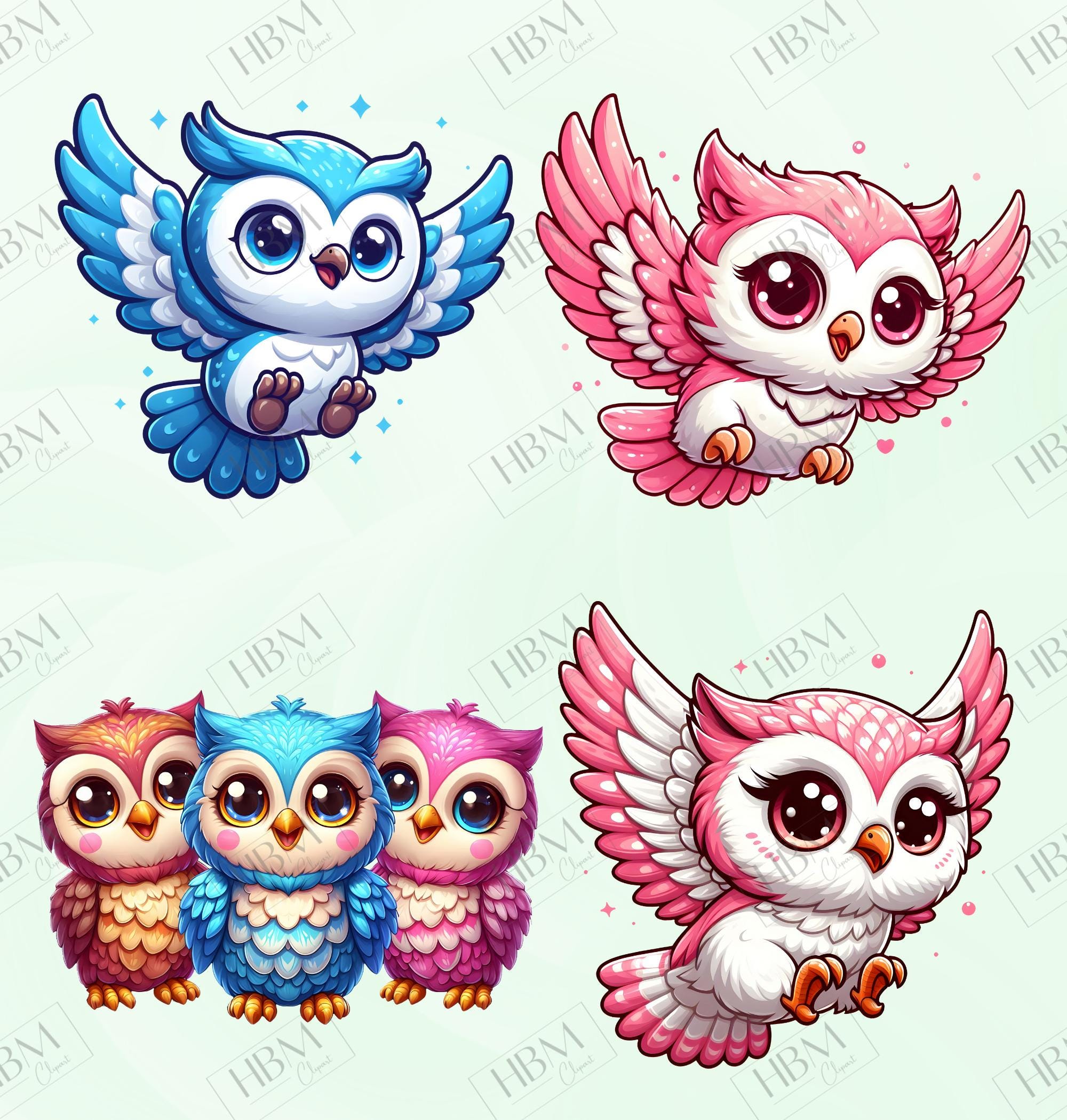Cute Cartoon Colored Owls Clipart Bundle, Whimsical Character Stickers ...