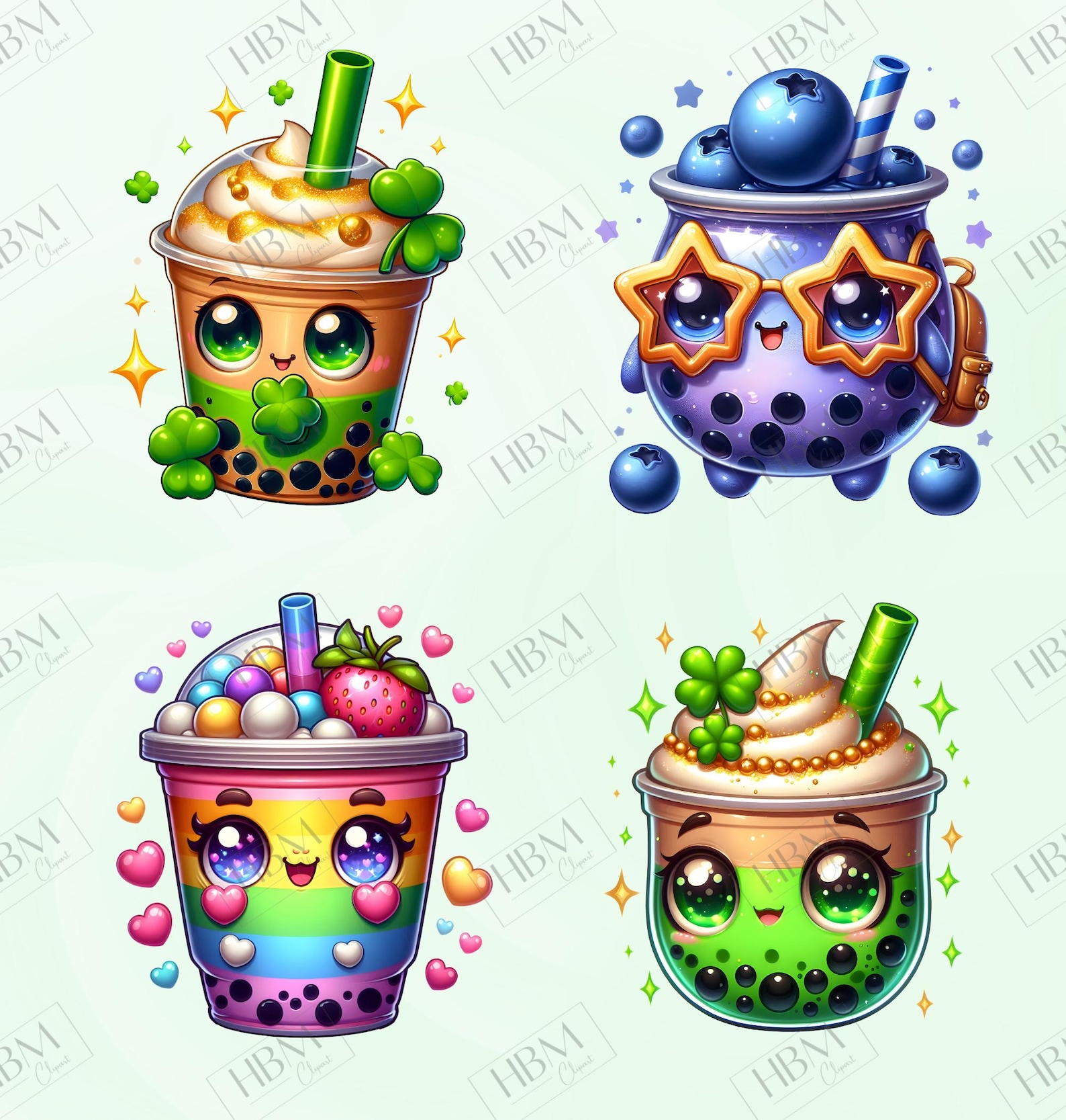 Cute Boba Tea Clipart Bundle, Kawaii Cartoon Bubble Tea, Quirky Rainbow ...