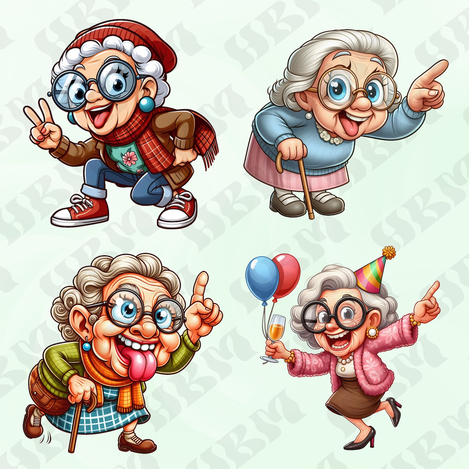 Funny Cartoon Old Ladies Clipart Bundle, Grannie Sticker, Drunk ...